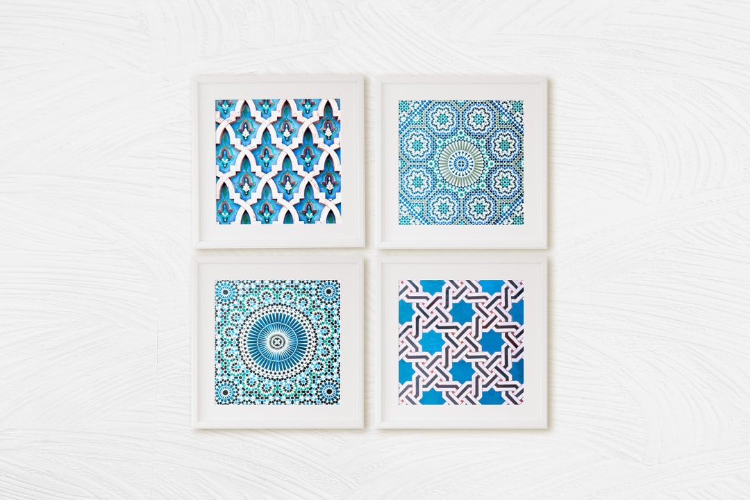 Moroccan Blue Patterns Set of 4 Square Prints, Zelij Tiles, Aqua ...