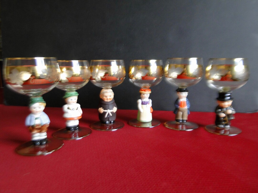 Vintage Set of Six West German Goebel Figurine Wine Glasses With 14 Kt ...
