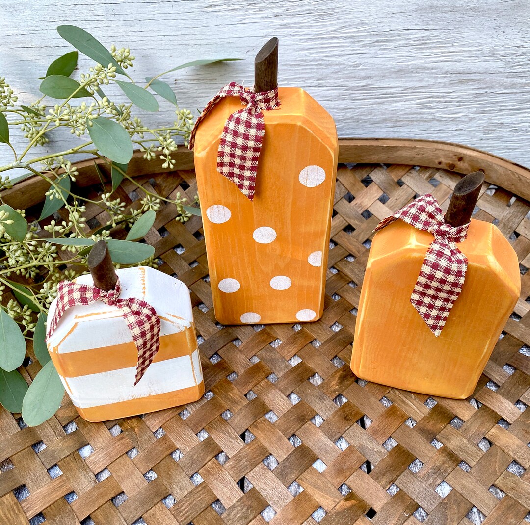 Wooden Pumpkin Trio, Wood Pumpkin With Gingham Ribbon, Rustic Pumpkin ...