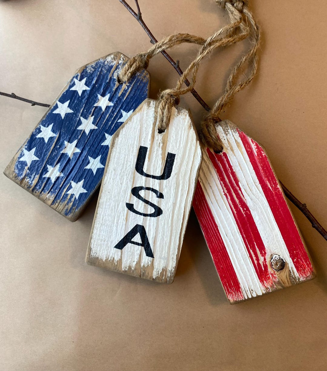 Rustic Patriotic Wood Tags, Americana July 4th Decor, USA Sign Tag Set ...
