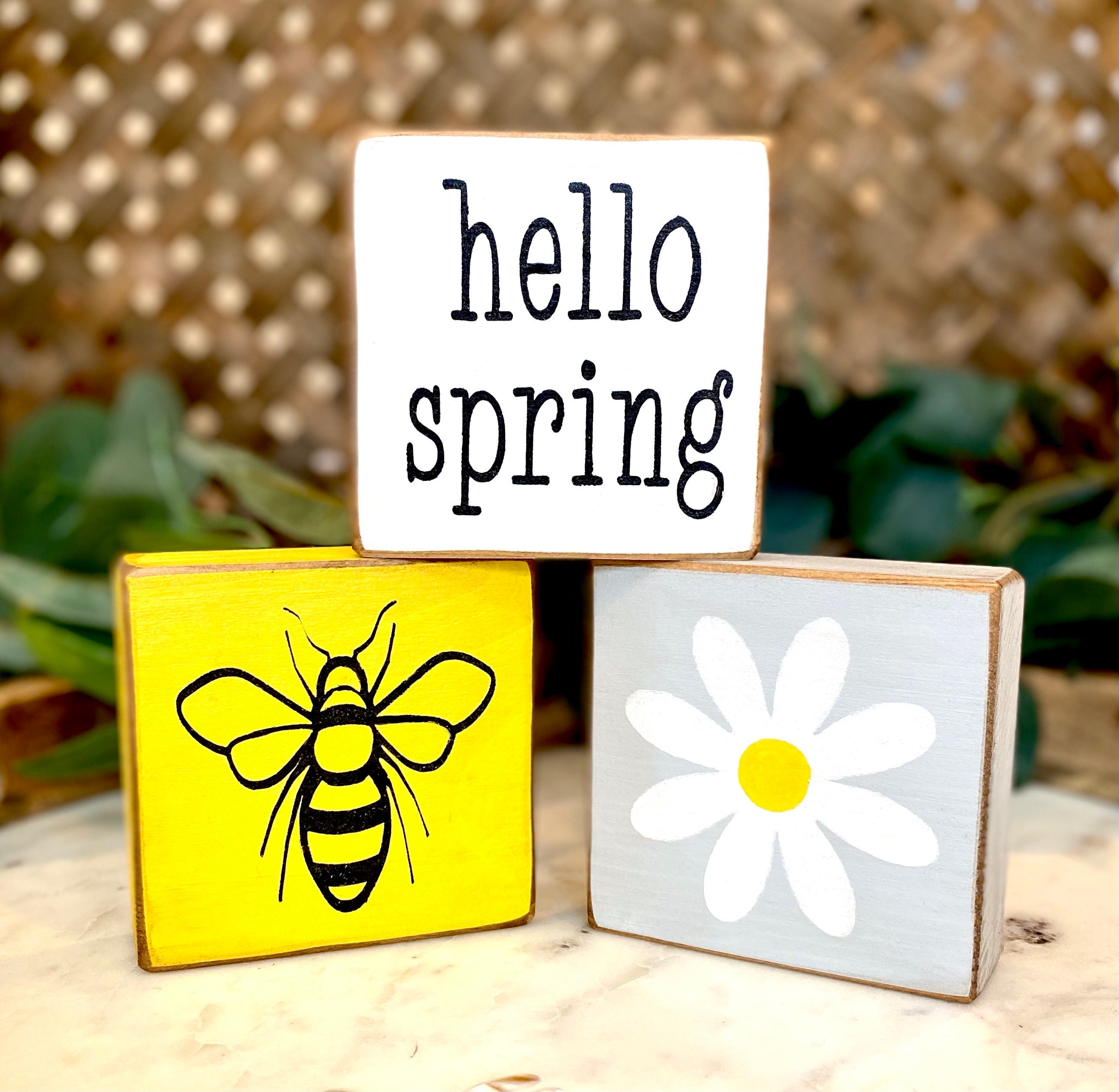 Hello Spring Sign Rustic Spring Block Decor Daisy Flower Bee | Etsy