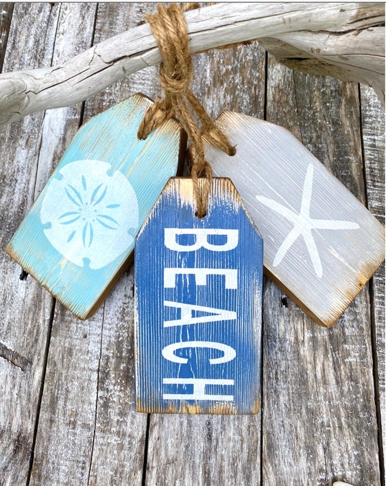 Beach Wood Sign Beach House Decor Distressed Beach Tag Set - Etsy