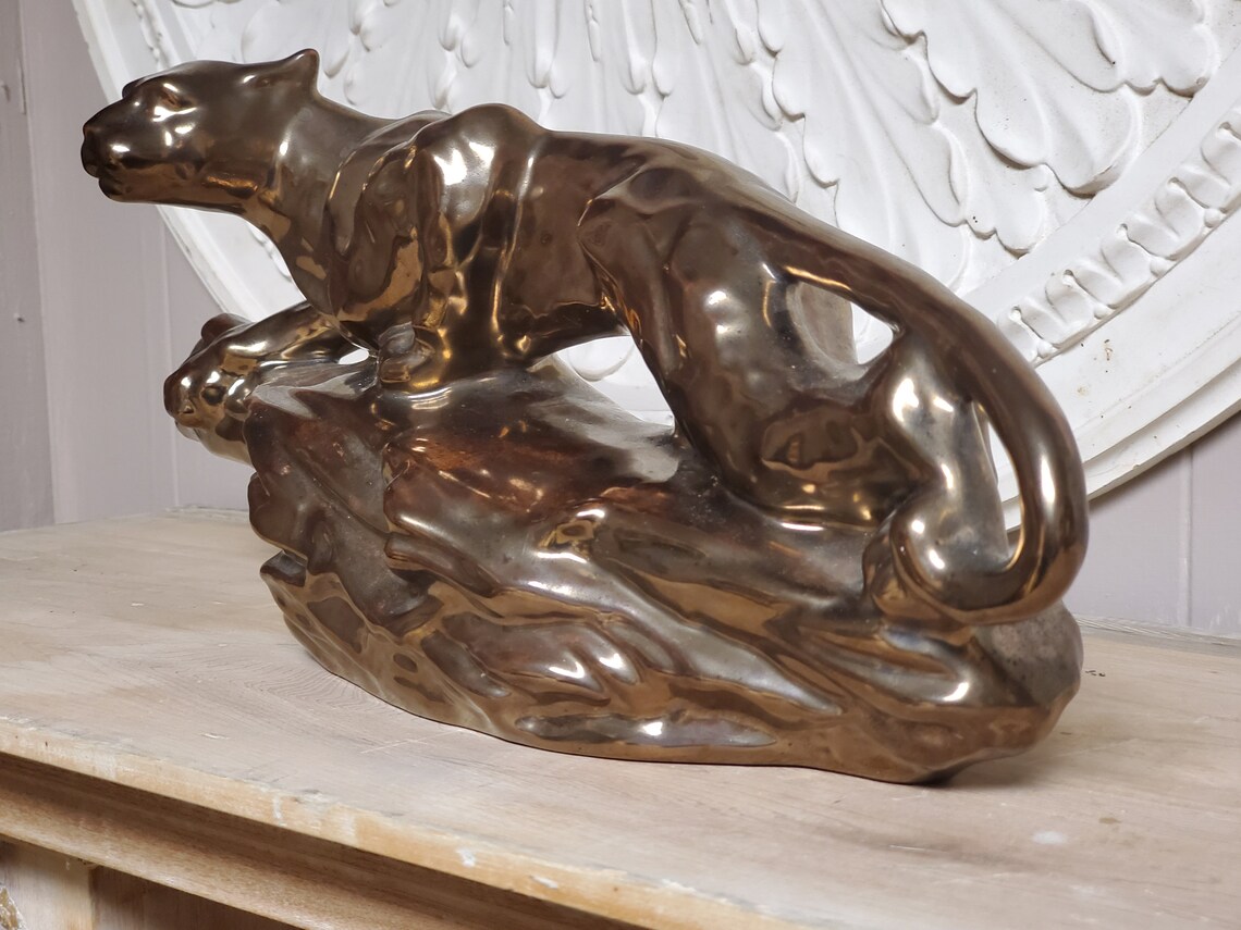 Vintage Ceramic Panther Sculpture, Metallic Glaze Pottery, Mid Century ...