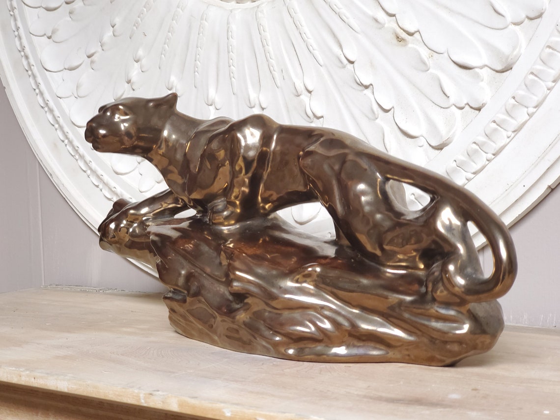 Vintage Ceramic Panther Sculpture, Metallic Glaze Pottery, Mid Century ...