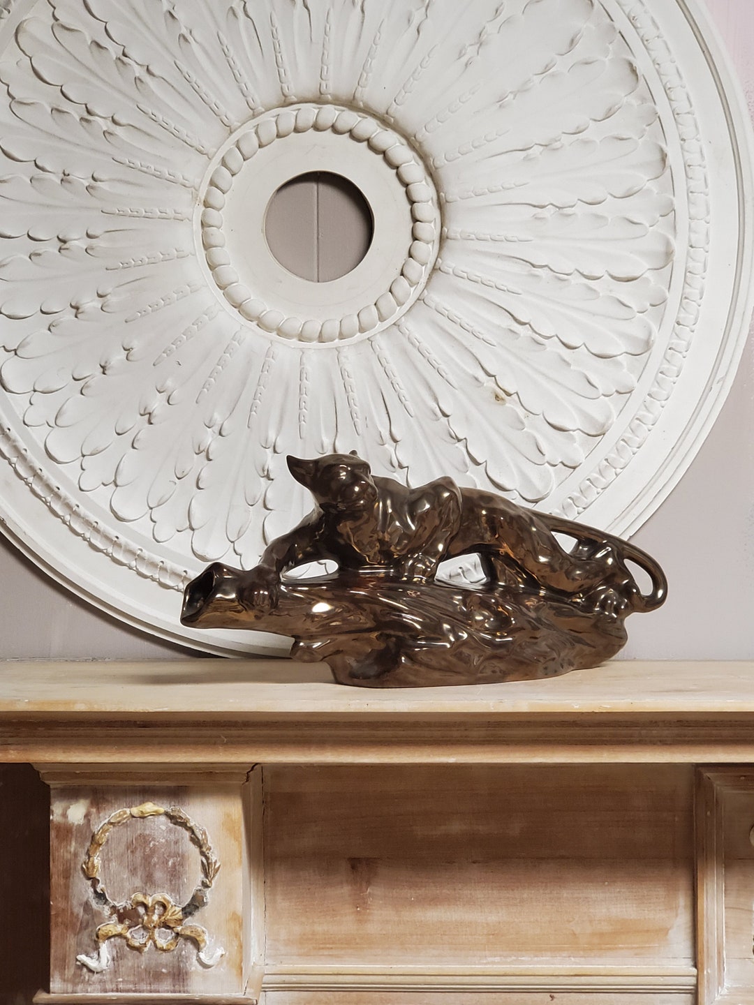 Vintage Ceramic Panther Sculpture, Metallic Glaze Pottery, Mid Century ...