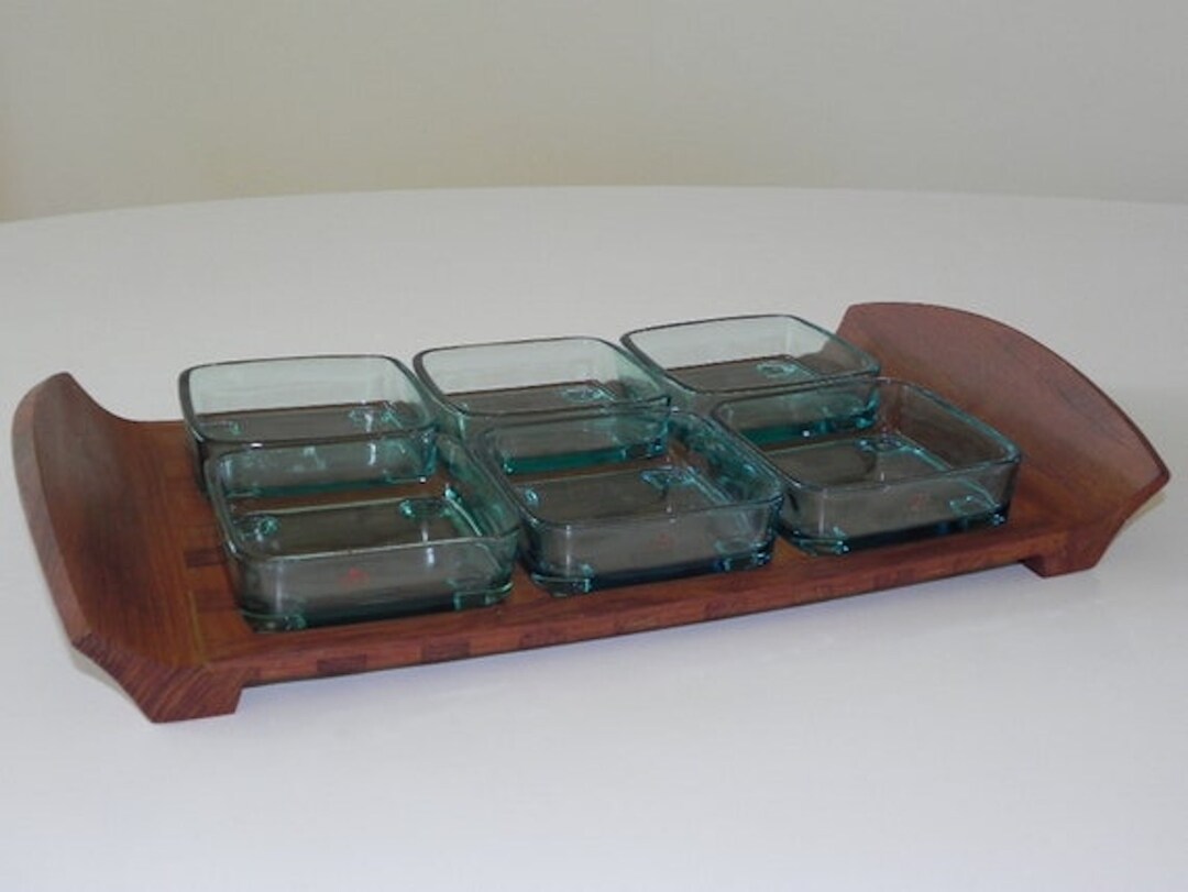 DANSK Teak Lattice Tray 7 P. Set W/ Glass Inserts Quistgaard - Etsy