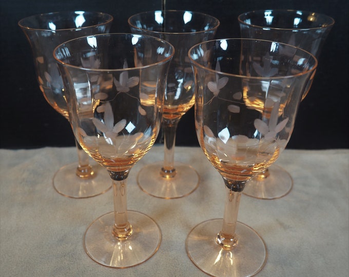 Pink Depression Glass Wine Goblets, Set of Five, Etched Floral Design ...