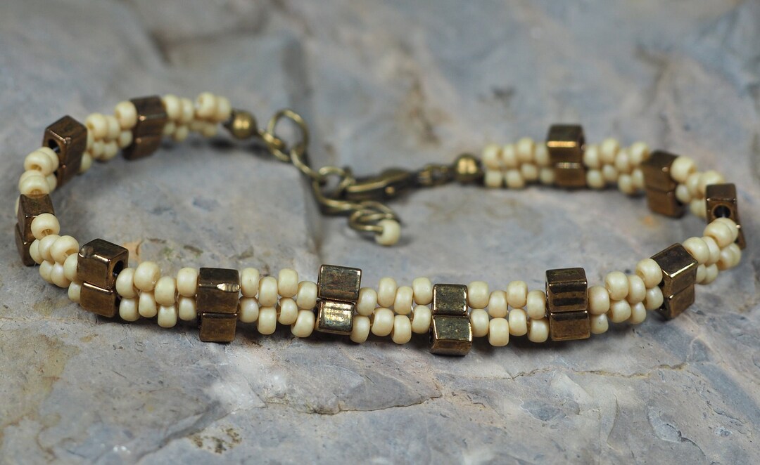 Bracelet Ivory and Bronze Color Hand Woven Cube Beads Adjustable Length ...