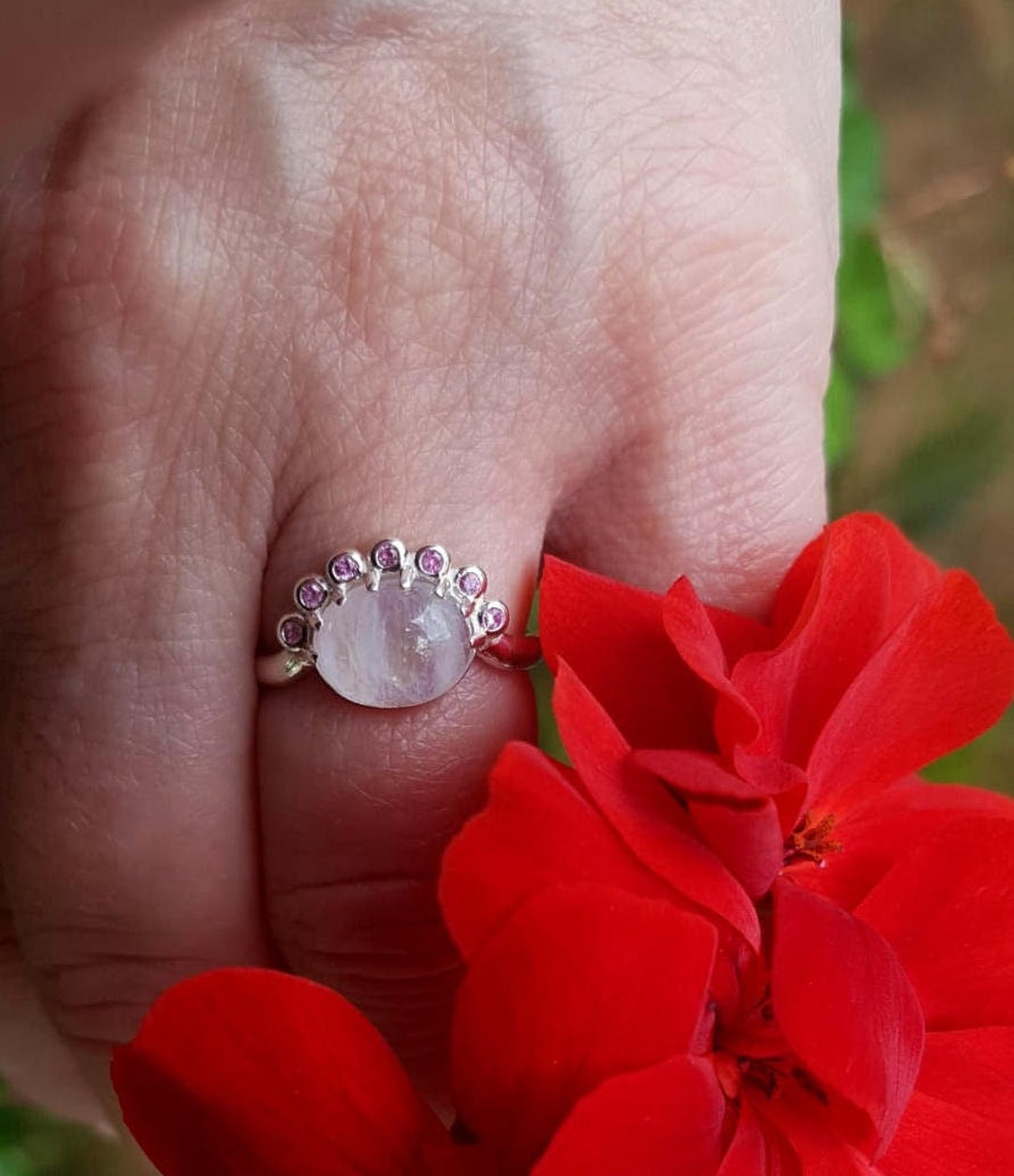 Moonstone Fantasy Ring, Oval Stone Halo Ring, Moonstone and Sapphires ...