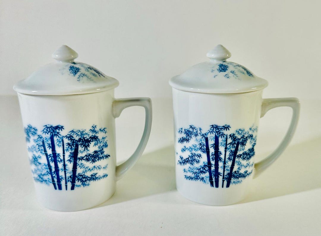 Set of 2 China Tea Mugs W/ Lids & Bamboo Pattern Asian Style Porcelain ...