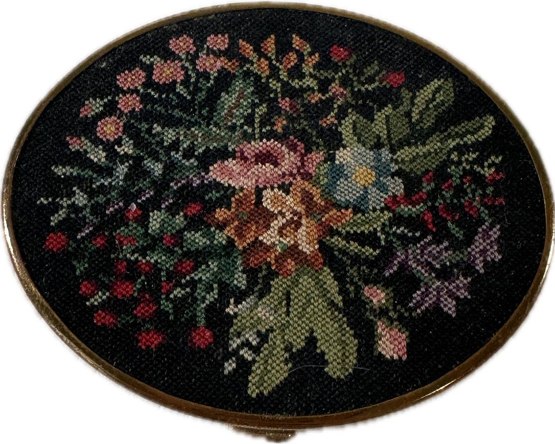 Vintage Oval Petit Point Compact Mirror Black Floral Tapestry Brass ...