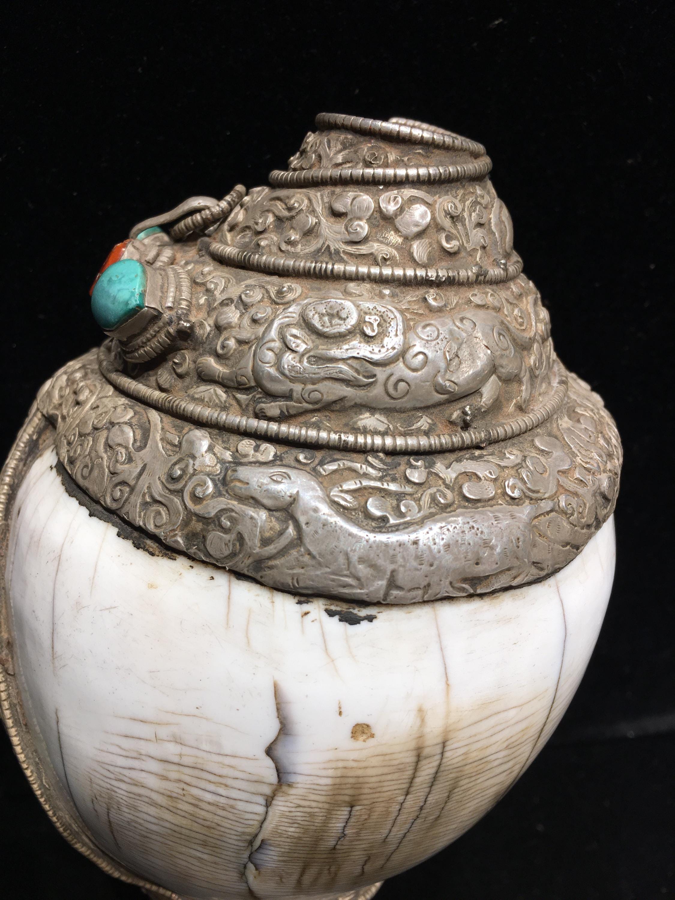 Antique Tibetan Conch Shell Horn: Sterling Silver Repousse, Turquoise ...