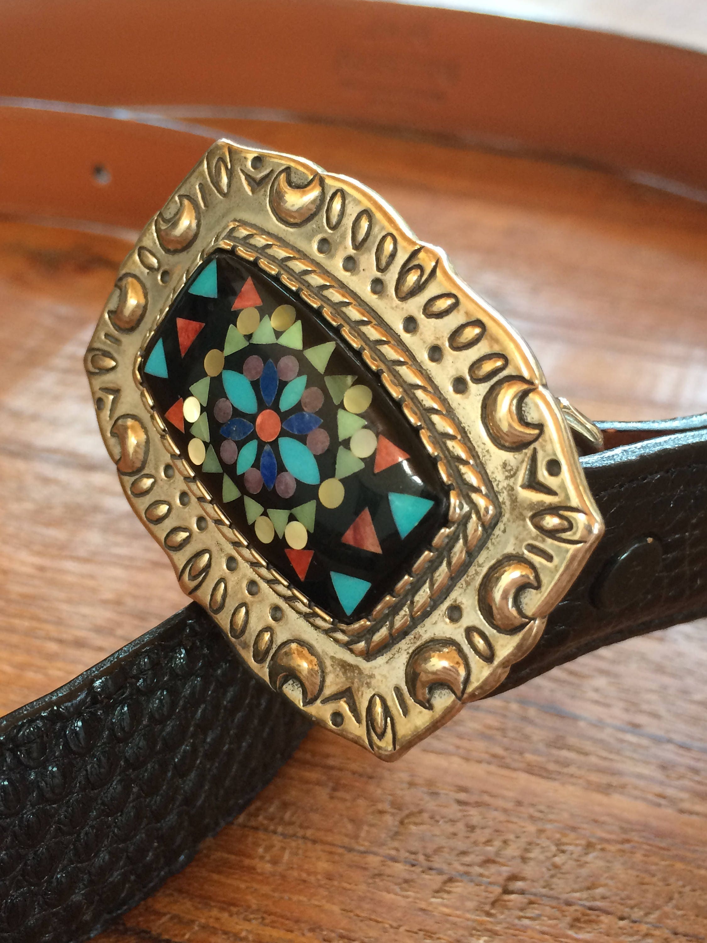 Indian Inlay Silver Belt Buckle Turquoise Sugilite Spiny Oyster Lapis ...