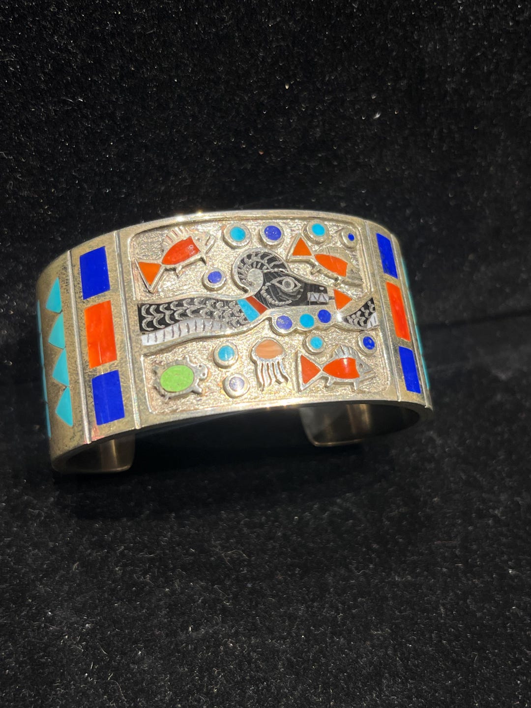 Zuni Inlay Sterling Silver Awanyu Cuff, Turquoise Coral Onyx, Avanyu ...