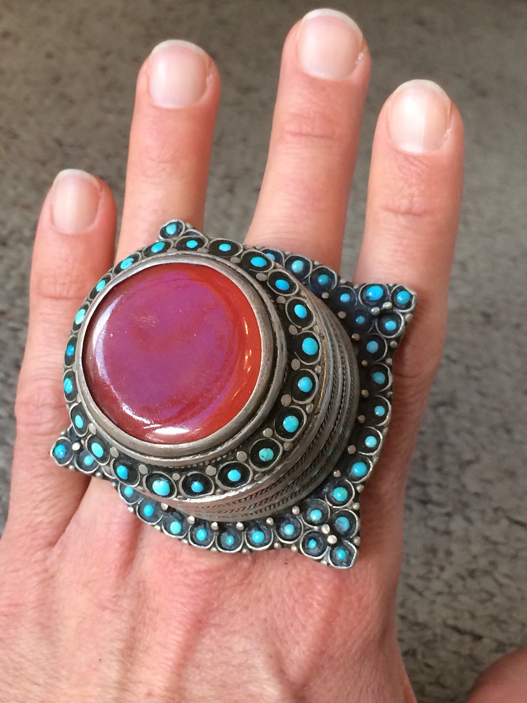 Huge Old Afghan Stash Ring Large Carnelian Multi Stone Turquoise Tribal ...