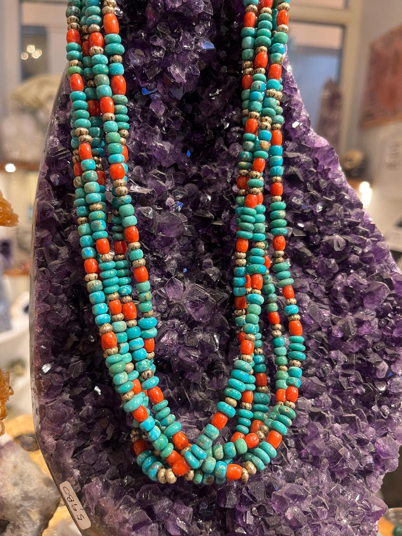 Native American Indian Turquoise, Coral & Brass Necklace, Multi Strand ...
