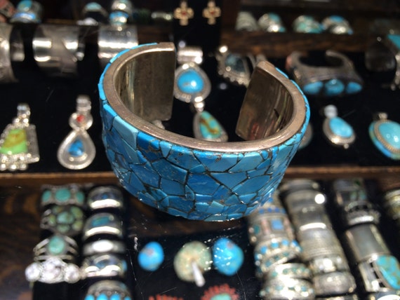 Natural Kingman Turquoise mosaic inlay Art Cuff Brett… - Gem