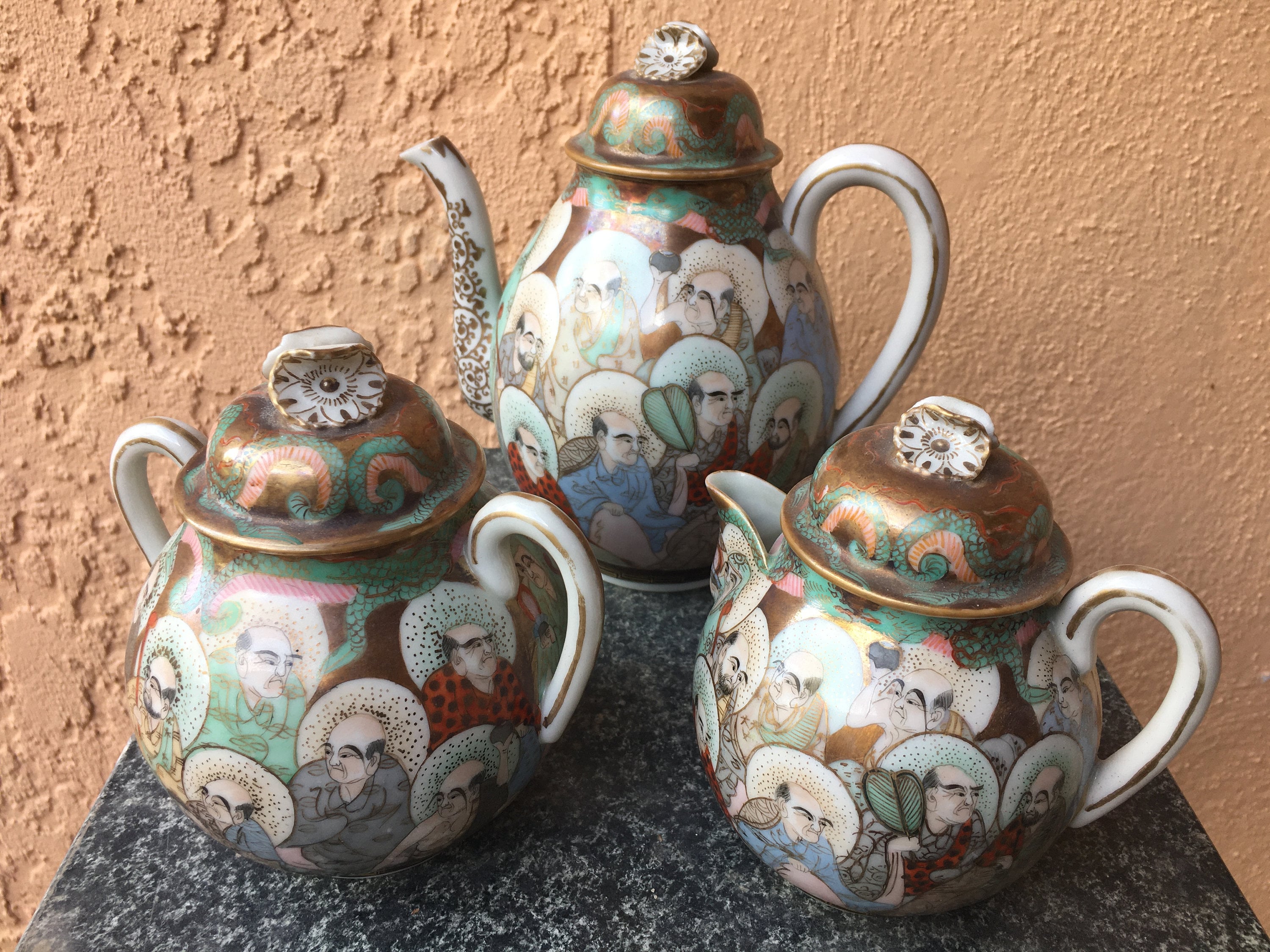 Antique Japanese Satsuma Ware Fine Art Tea Set Porcelain Ceramic Teapot ...