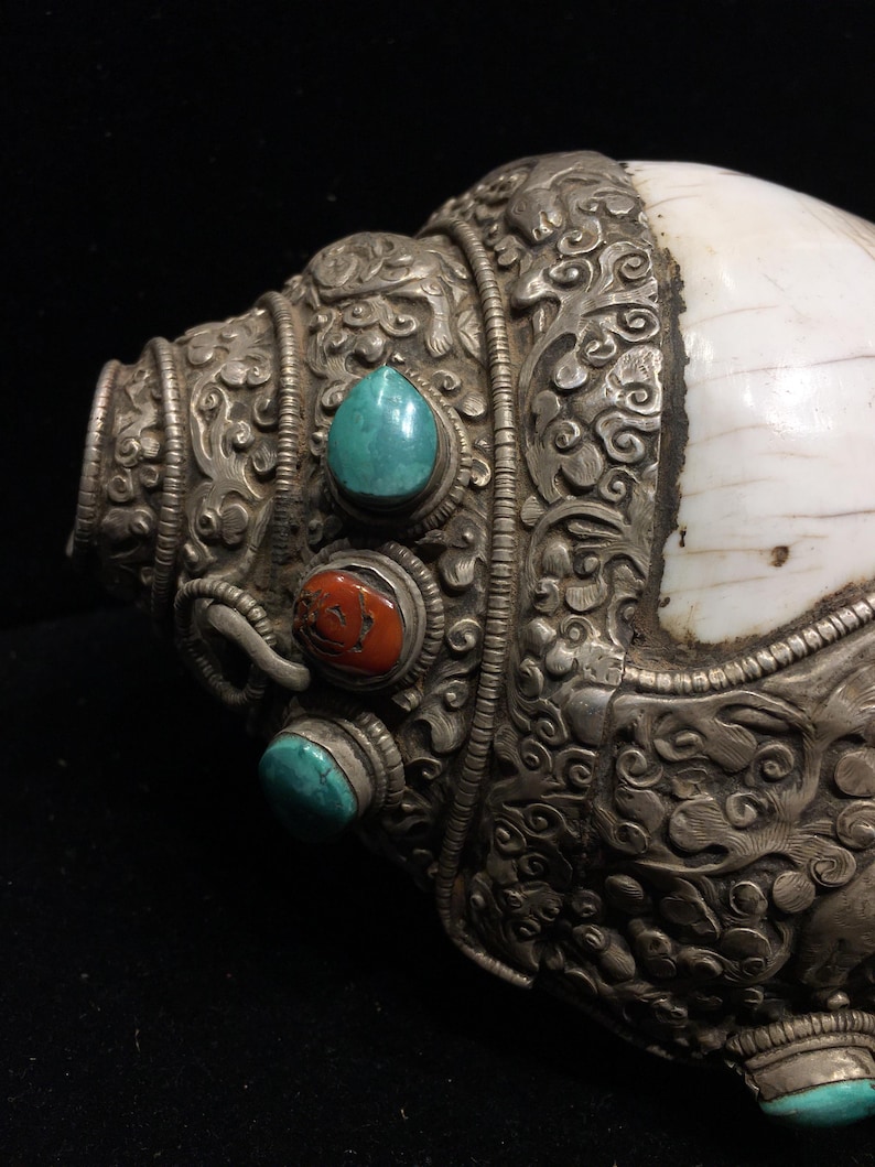 Antique Tibetan Conch Shell Horn: Sterling Silver Repousse, Turquoise ...