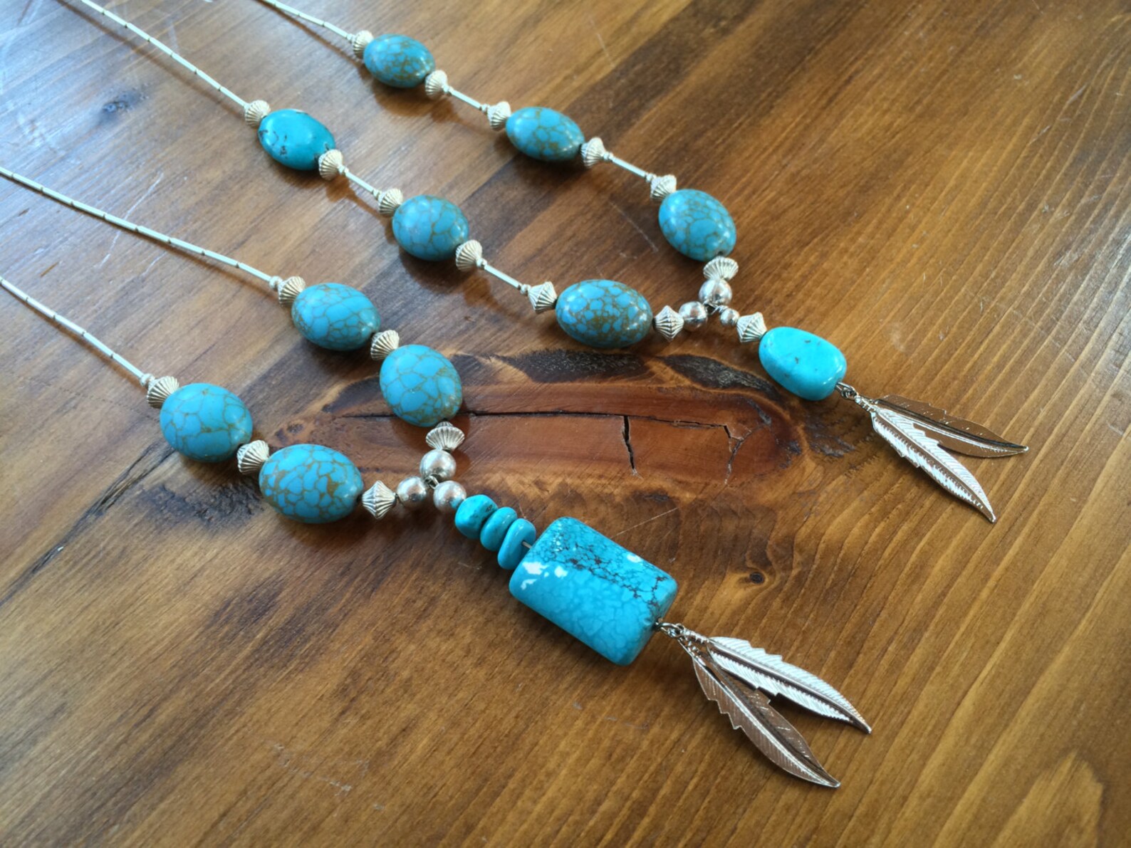Native American Strung Turquoise Color Bead Necklace Metal Feather ...