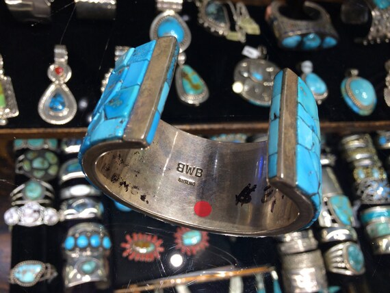 Natural Kingman Turquoise mosaic inlay Art Cuff Brett… - Gem