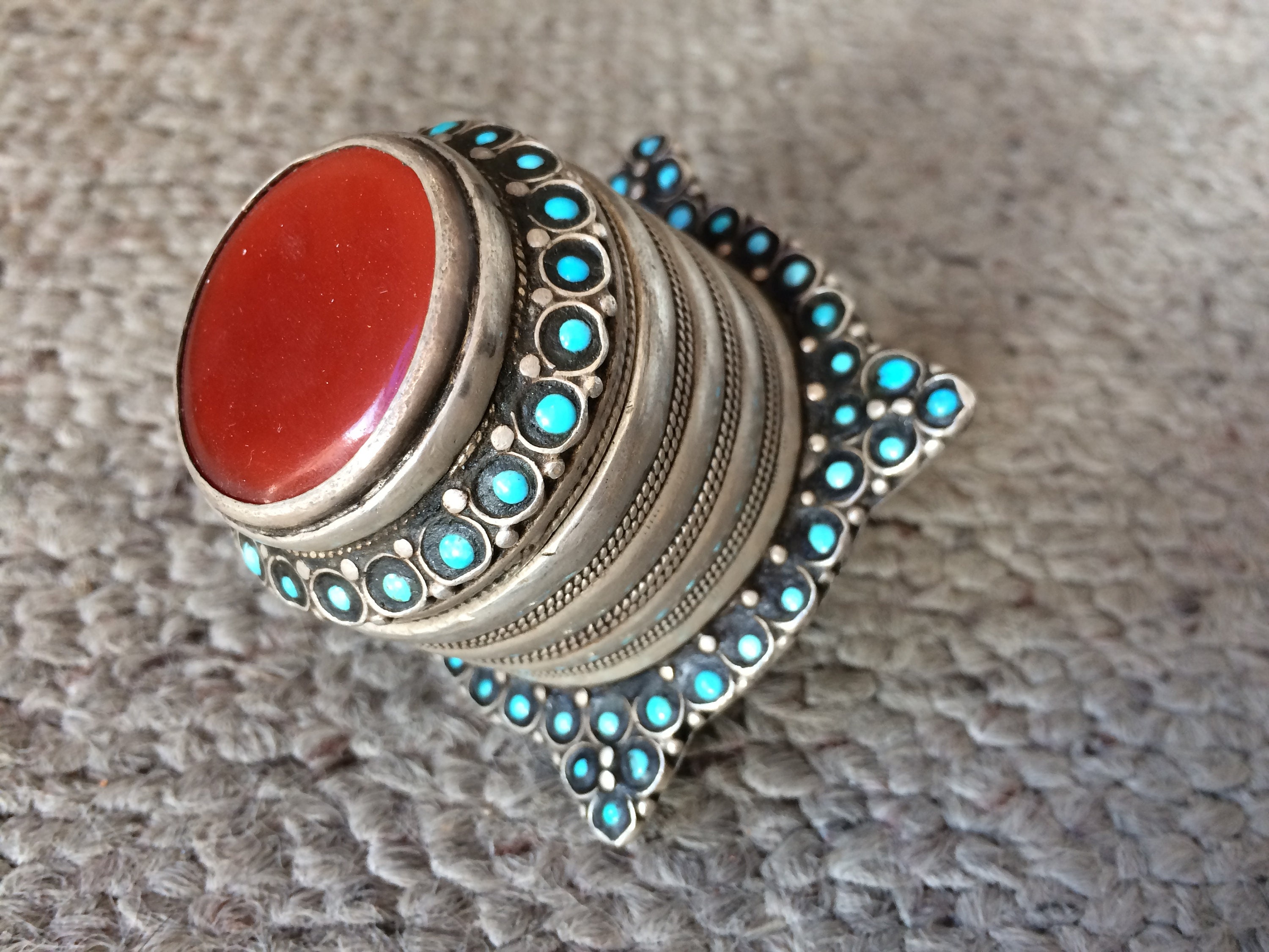 Huge Old Afghan Stash Ring Large Carnelian Multi Stone Turquoise Tribal ...