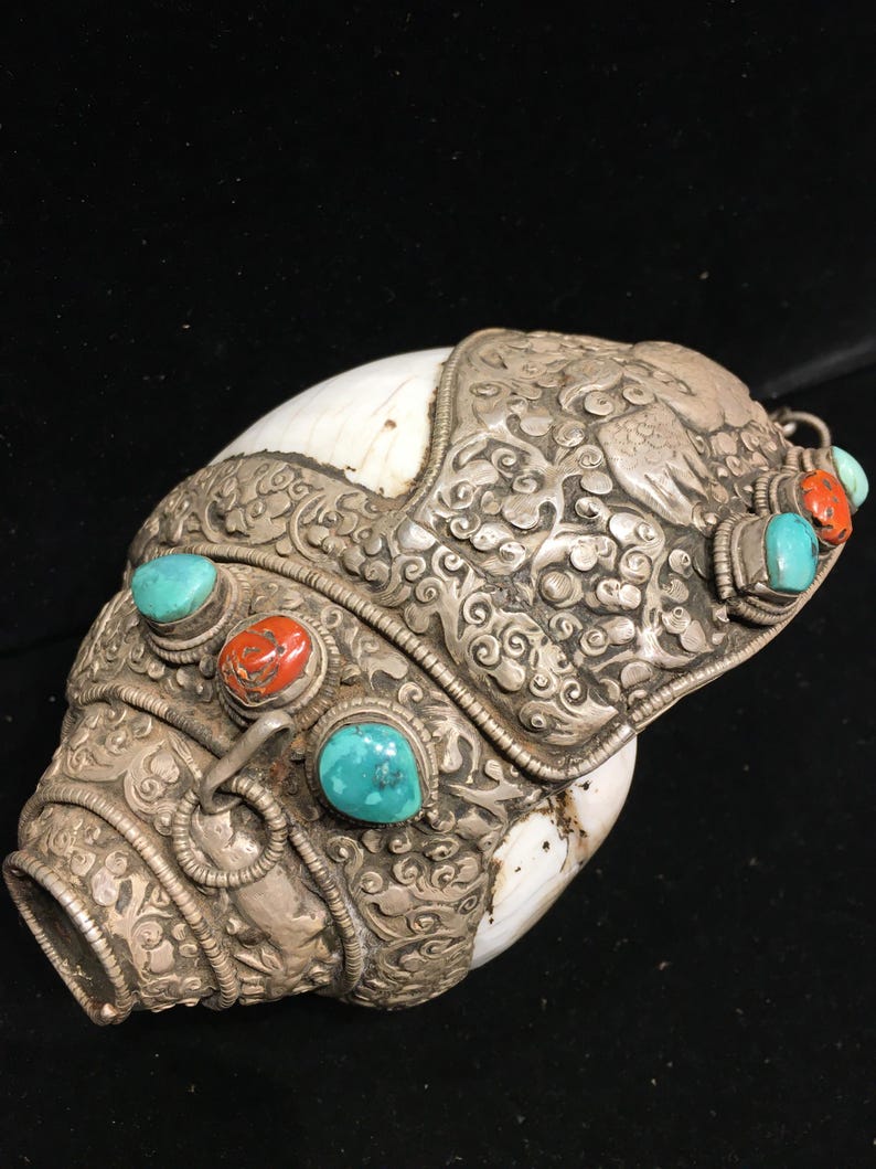Antique Tibetan Conch Shell Horn: Sterling Silver Repousse, Turquoise ...