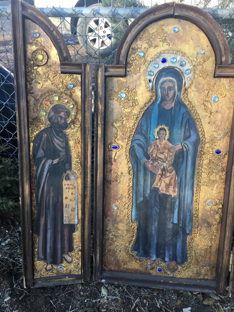 Original Collage Painting Wood Triptych Mother & Child Mary - Etsy