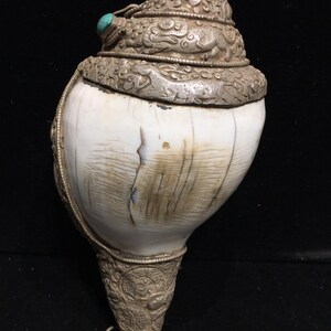 Antique Tibetan Conch Shell Horn: Sterling Silver Repousse, Turquoise ...