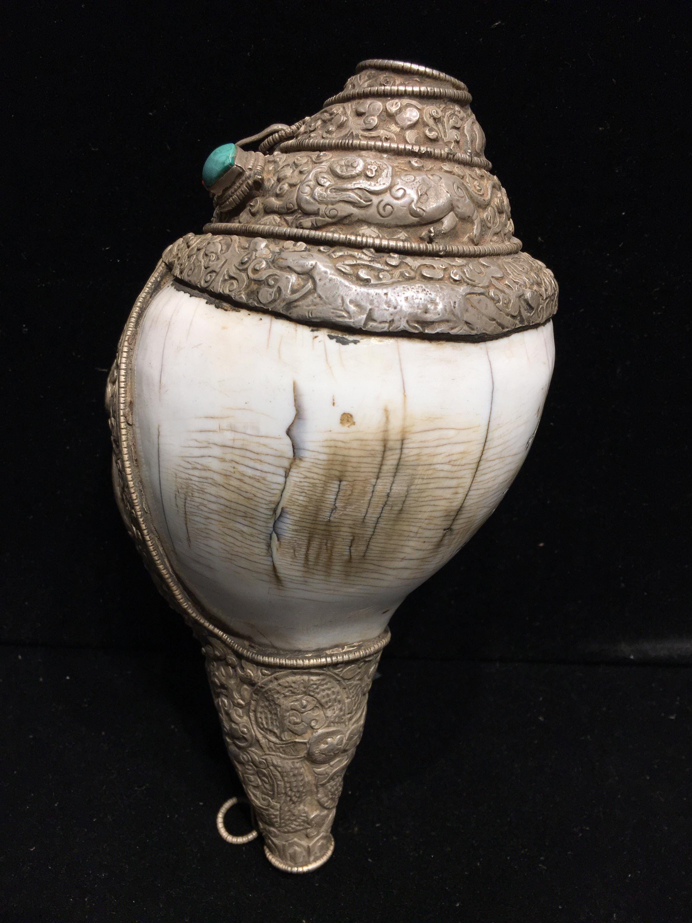 Antique Tibetan Conch Shell Horn: Sterling Silver Repousse, Turquoise ...