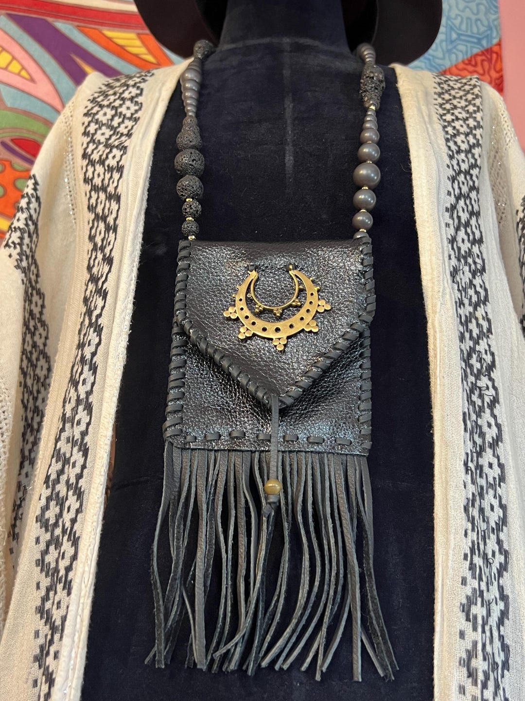 Handmade Black Leather Medicine Spirit Bag Wallet Necklace Fringe Brass ...