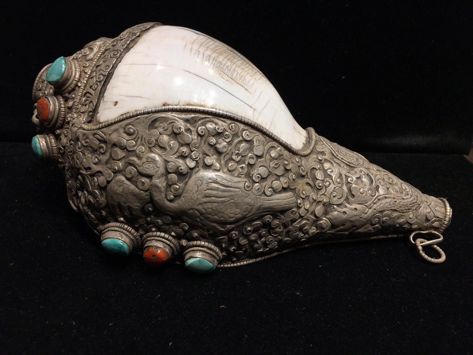Antique Tibetan Conch Shell Horn: Sterling Silver Repousse, Turquoise ...