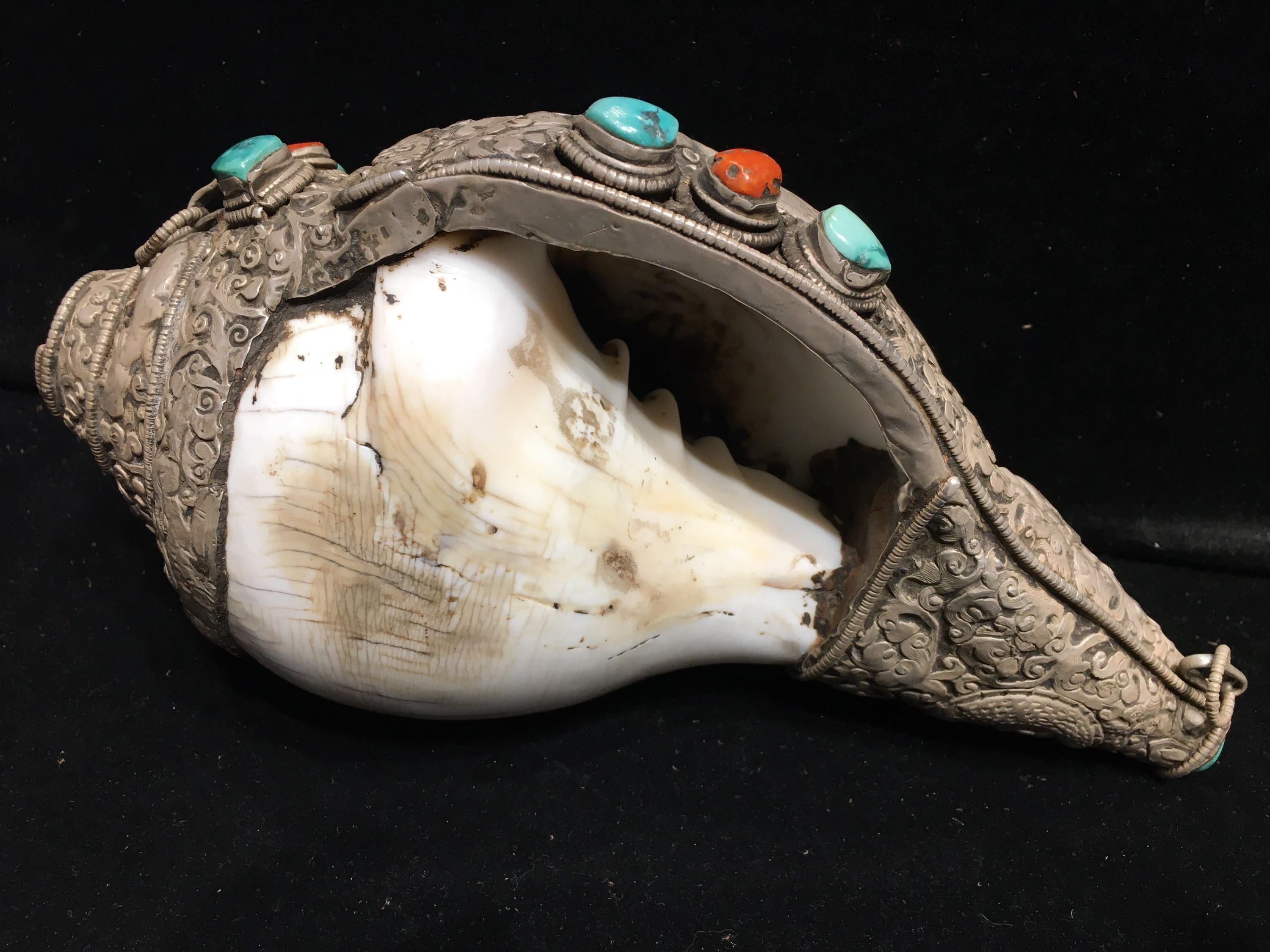 Antique Tibetan Conch Shell Horn Sterling Silver Repousse Turquoise ...