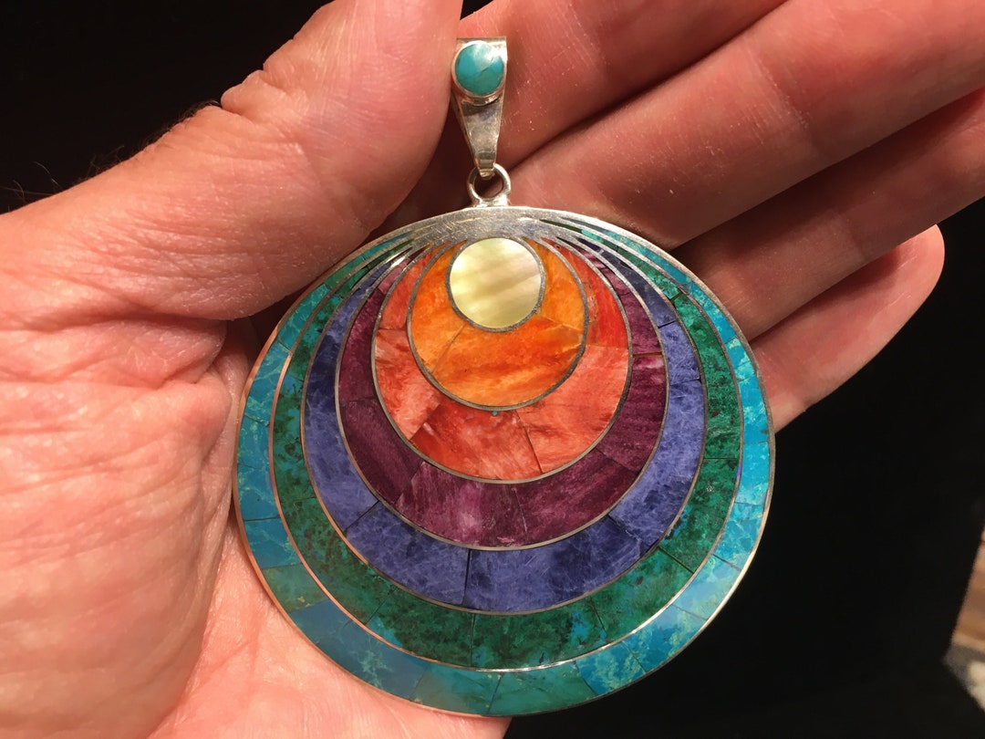 Crescent Moon Rainbow Multi Stone Inlay Sterling Silver Pendant ...