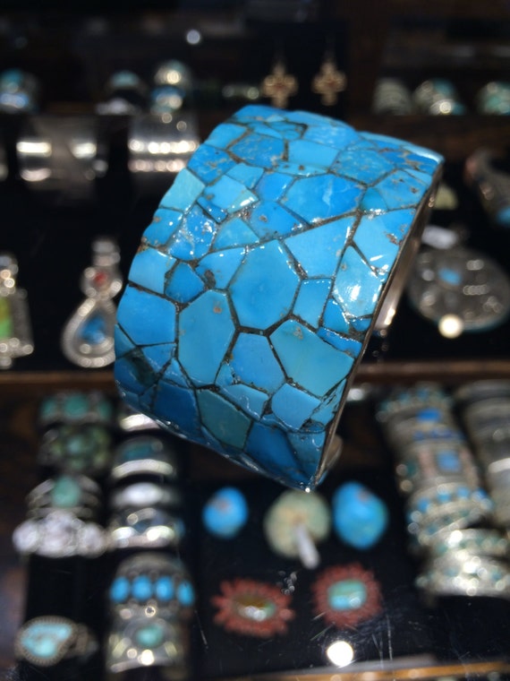 Natural Kingman Turquoise mosaic inlay Art Cuff Brett… - Gem