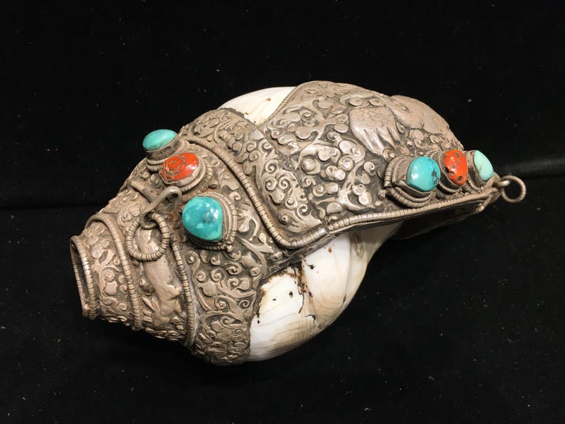 Antique Tibetan Conch Shell Horn: Sterling Silver Repousse, Turquoise ...