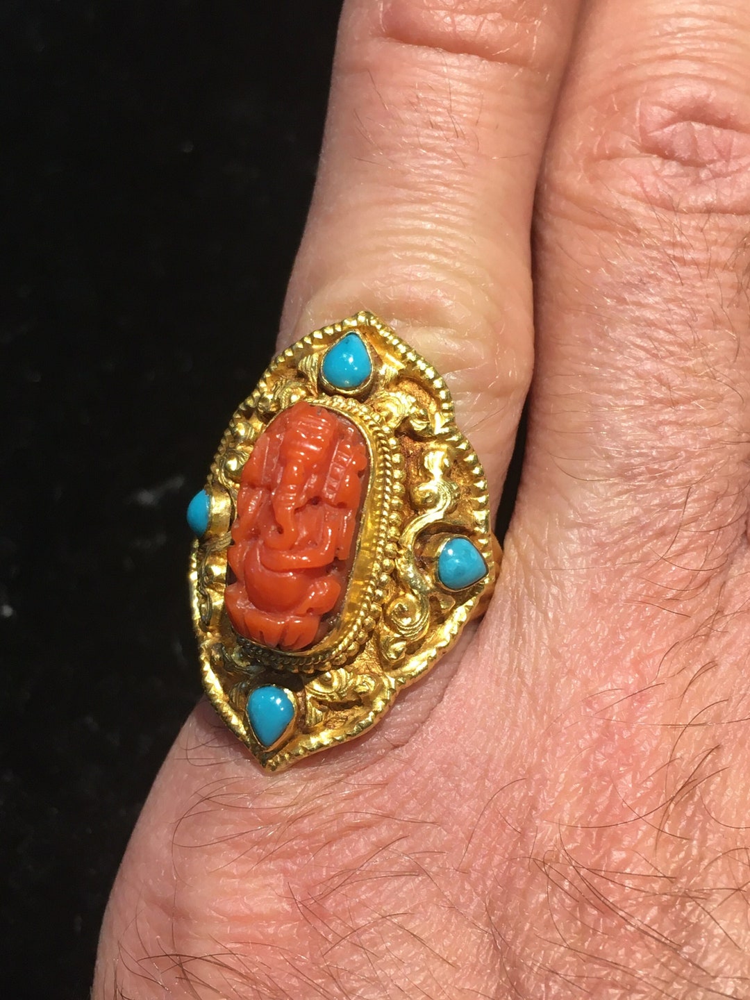 22k Gold Ganesh Ring Carved Coral, Turquoise Handmade Nepal Hindu ...