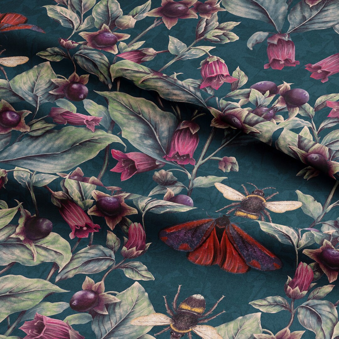 Linen Deadly Nightshade Midnight Fabric. Maximalist, Navy, Bees, Moths ...