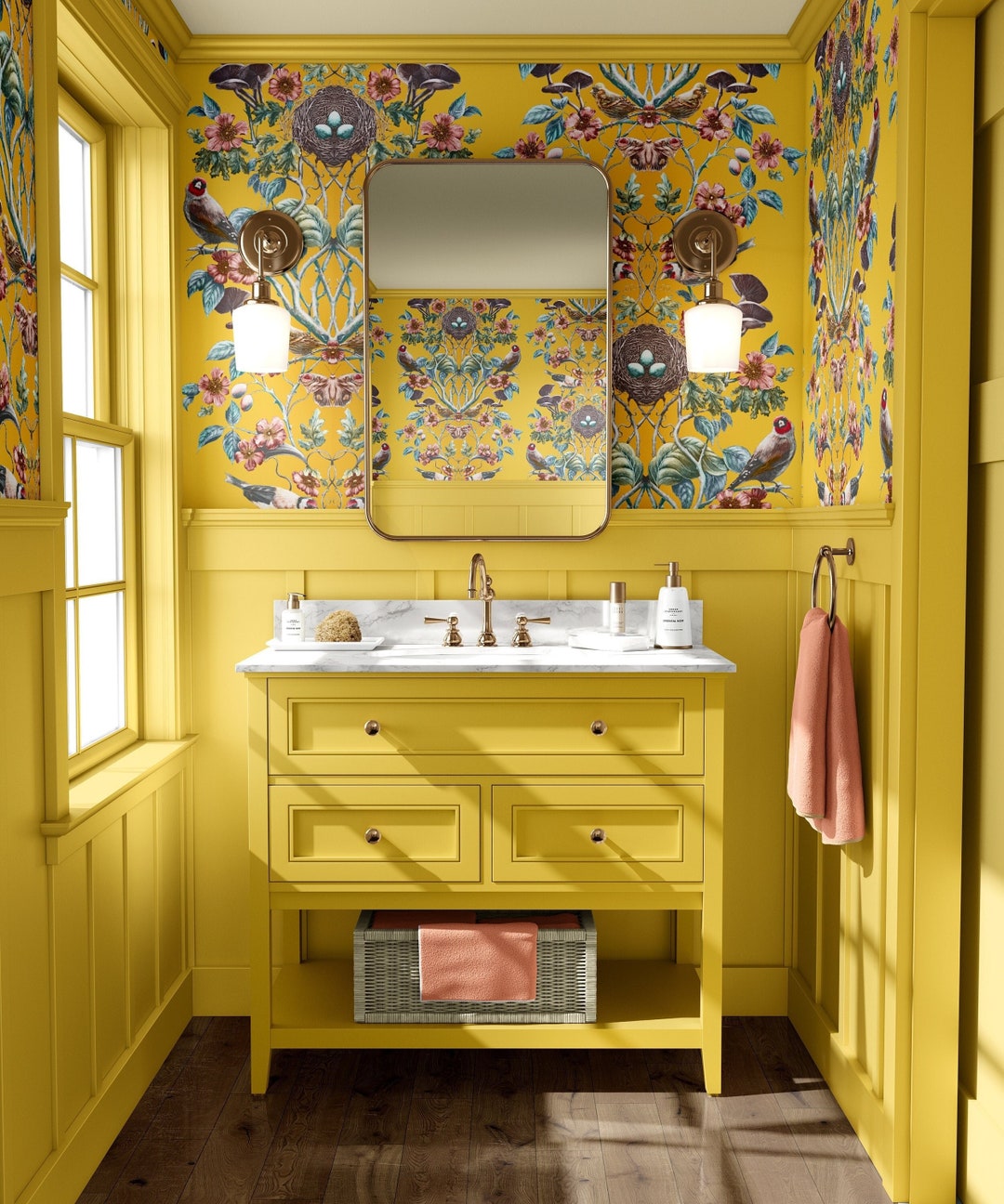 Goldfinch Hedgerow Wallpaper: Yellow Chinoiserie, William Morris Style ...