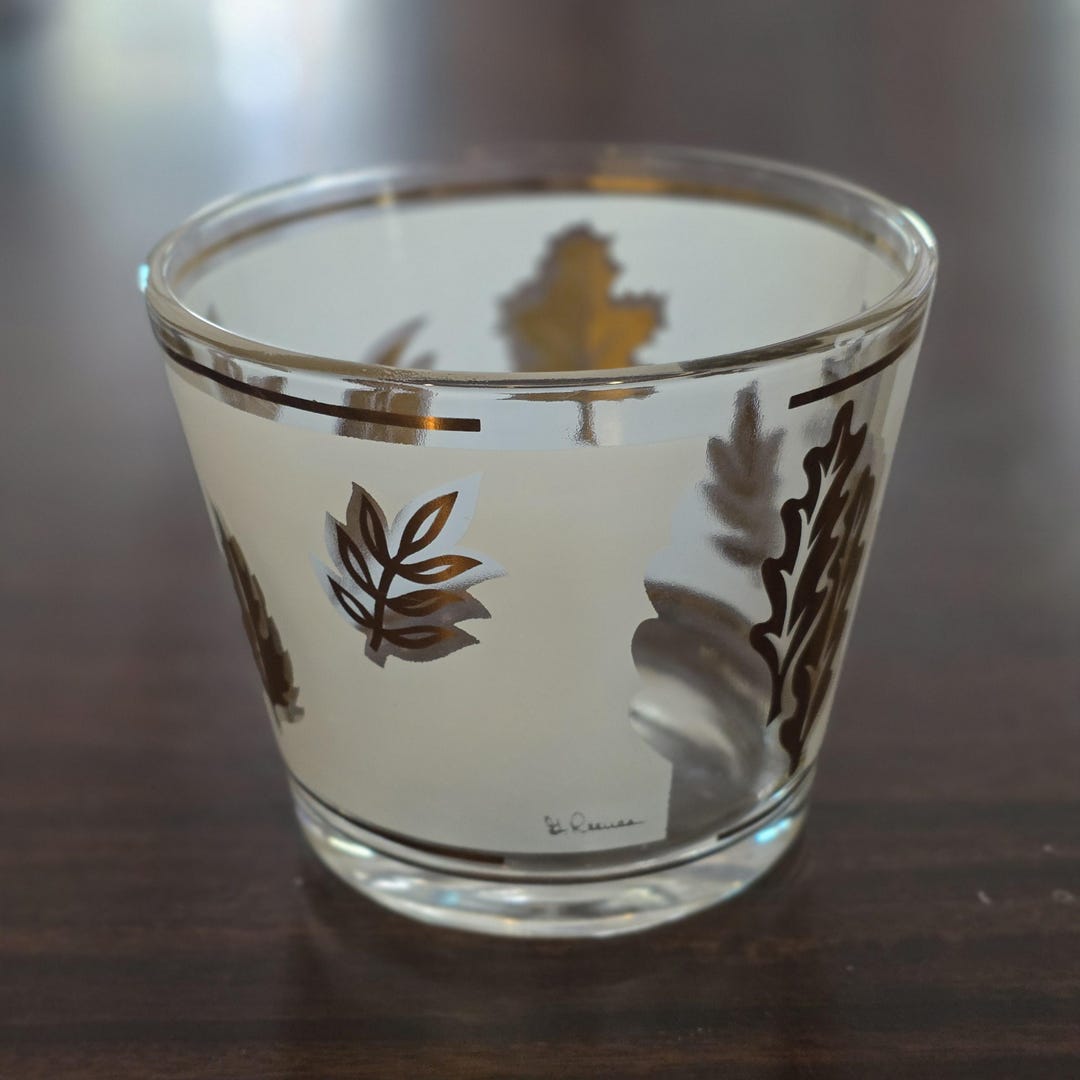 MCM Ice Bucket, Libbey Starlyte Classic, Gold Leaves With Frosted Glass ...