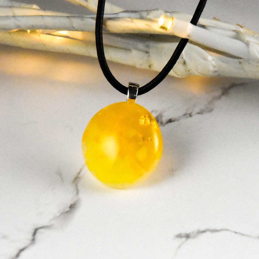 Yellow Fused Glass Round Pendant on 925 Silver Bail, Sterling Silver ...