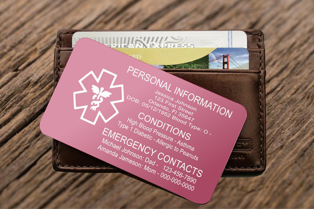 Personalized Medical ID Card, Custom Engraved Emergency Contact Card ...