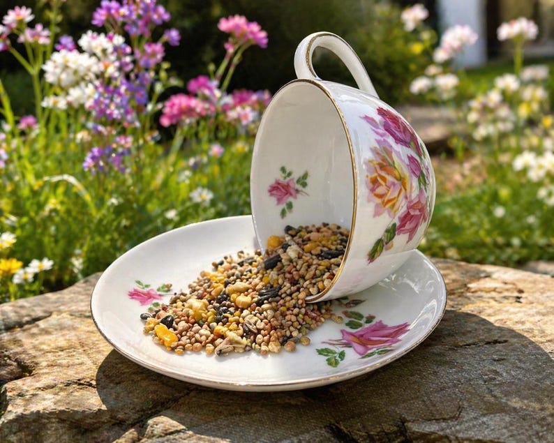 Vintage Spilling Teacup Bird Feeder – Whimsical Garden Decor, Cottage ...