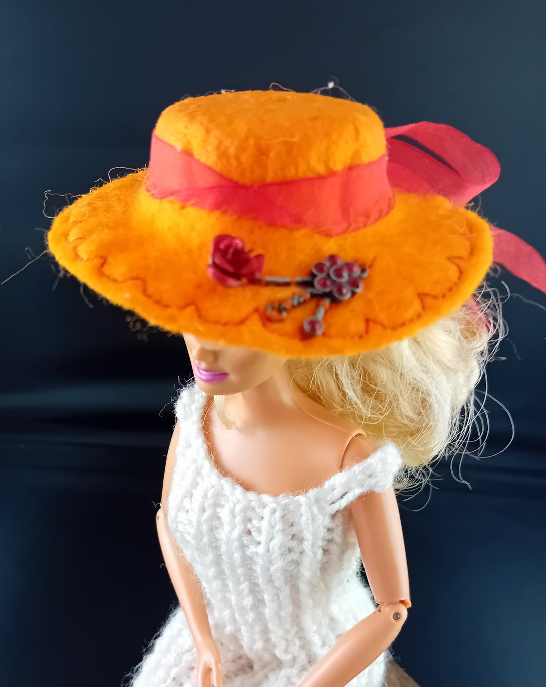 Handmade Orange Felt Doll Hat: Upcycled Jewelry Trim, Fits 12-inch Doll ...