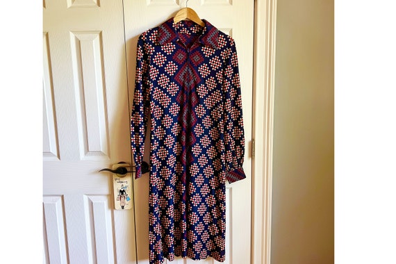 1970s Vintage poly dress geometric pattern - Gem