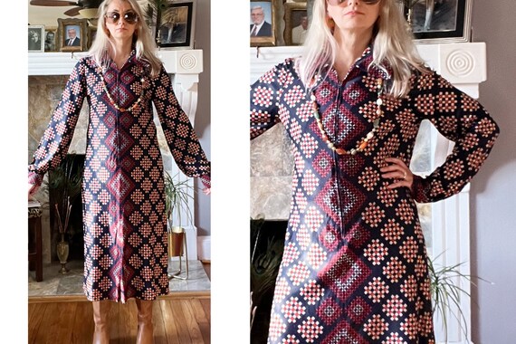 1970s Vintage poly dress geometric pattern - Gem