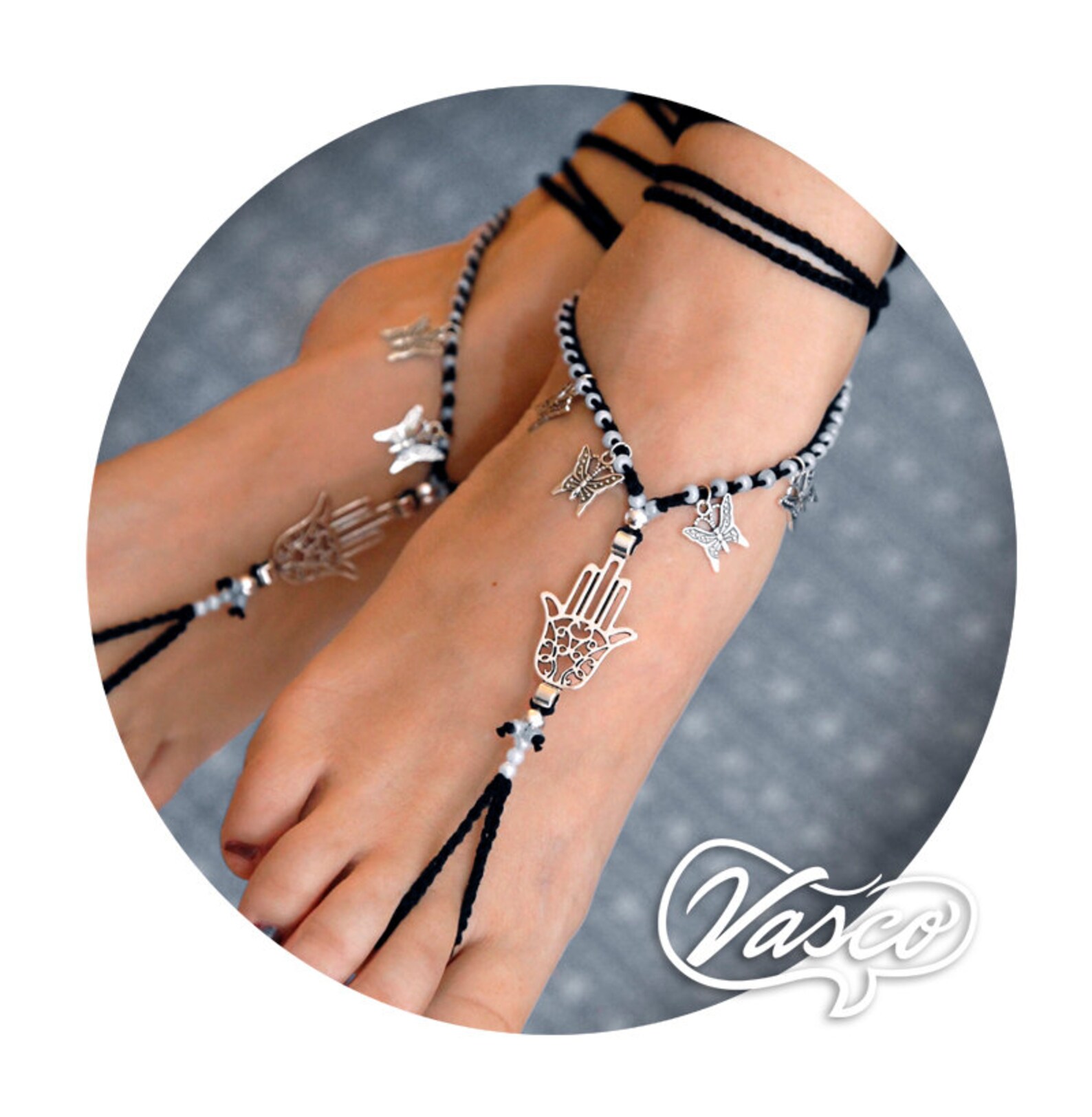 Hamsa Hand Barefoot Sandals, Silver Barefoot Sandles, Black Crochet ...