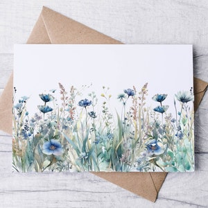 Blue Wildflower Cards Set - Blank Folded Note Cards With Greenery ...