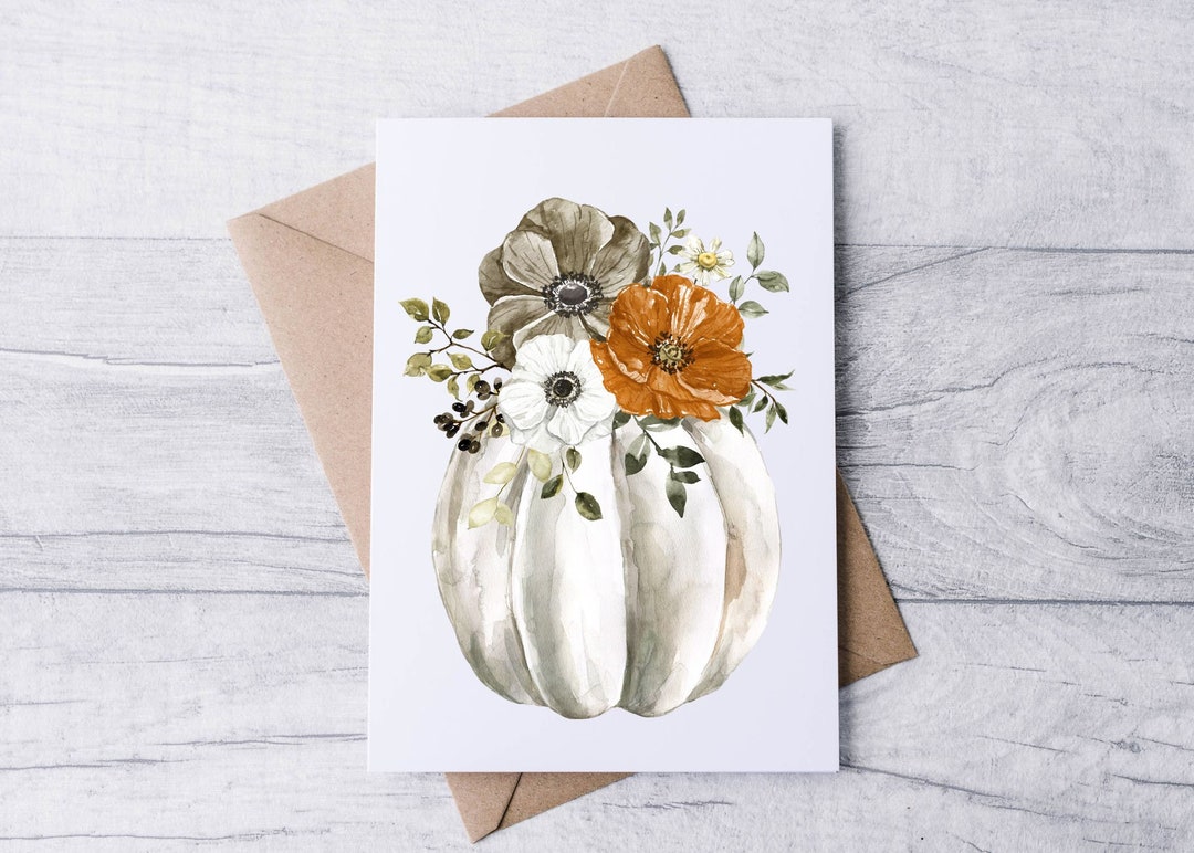 Autumn White Pumpkin Card Set Watercolor / Blank Note Cards / Folded ...