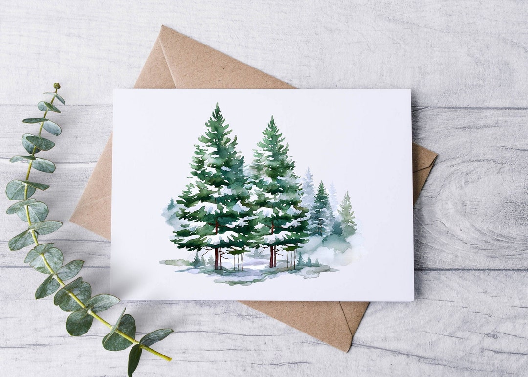 Evergreen Tree Snow Forest Tree Holiday Card Set / Luxury Linen ...